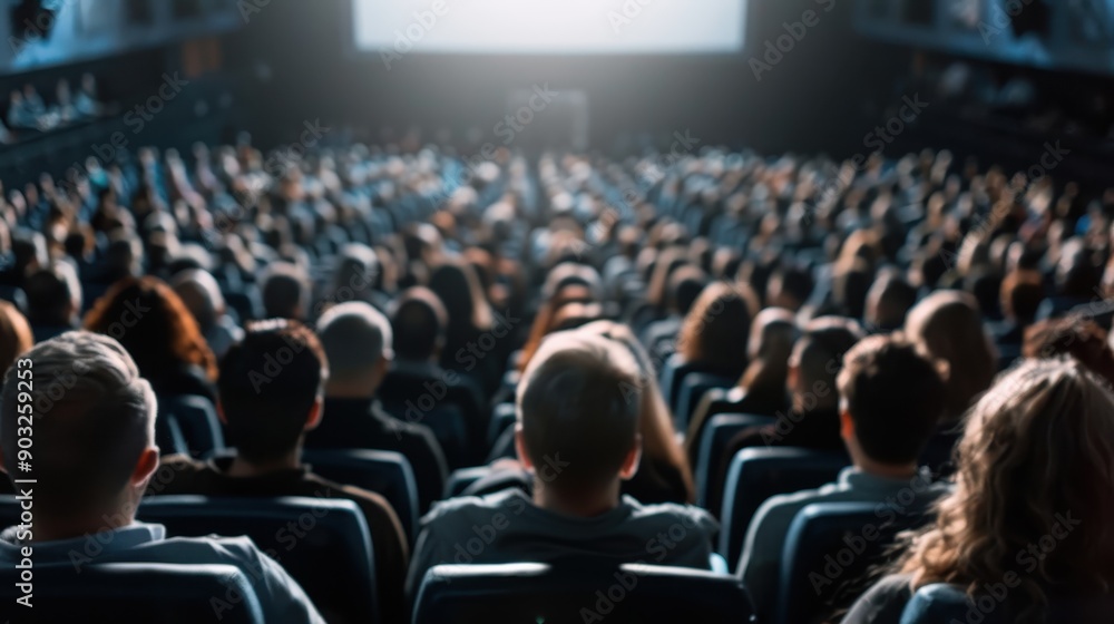This image captures the back view of a large audience seated in a ...