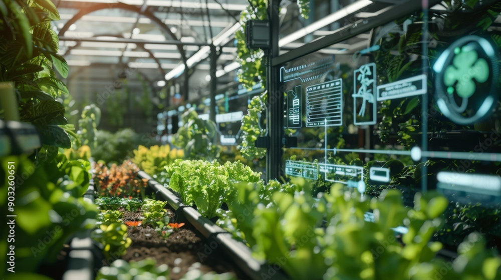 Foto de A modern greenhouse with rows of growing plants, with digital ...