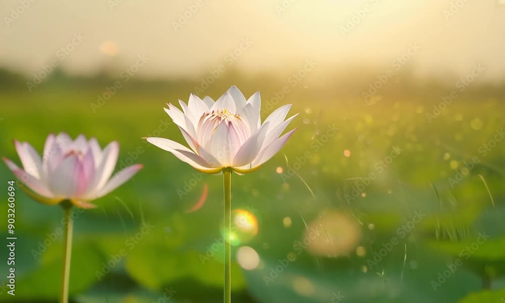 Sunrise Lotus: Two delicate white lotus flowers bloom in the soft glow ...