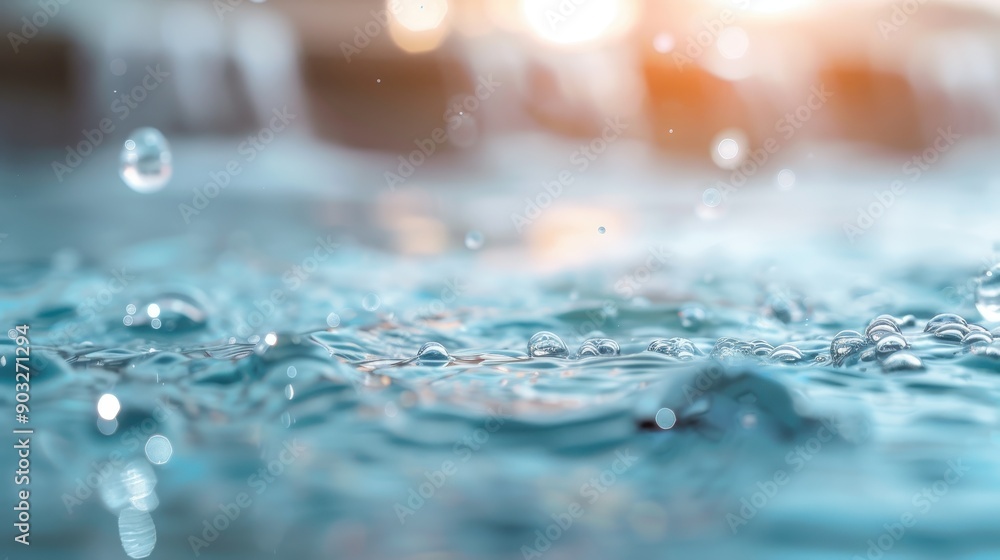 Sunlight reflects on a rippling water surface with bubbles, capturing a ...