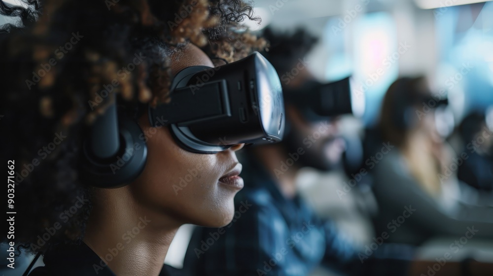An up-close view of a person using a VR headset at a workstation ...