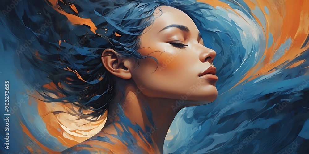 Digital art piece featuring a close-up profile of a human face ...