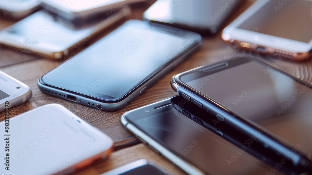 Pile of smartphones on table. Cellphones to donation charity, e-waste ...