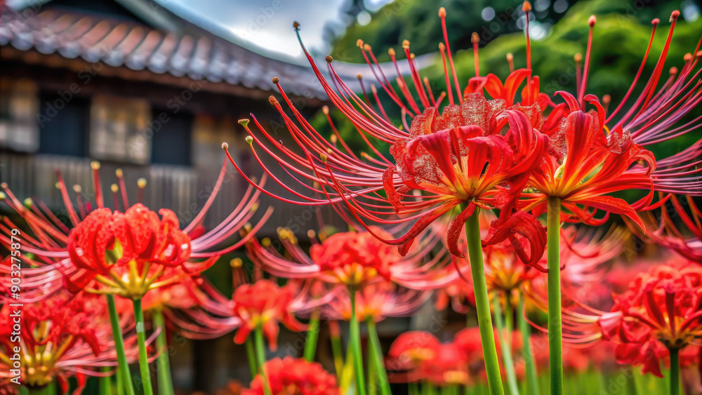 red lycoris flower on the background of a Japanese traditional temple ...