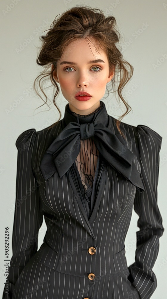 Elegant woman in a classic pinstripe suit with sophisticated hairstyle ...
