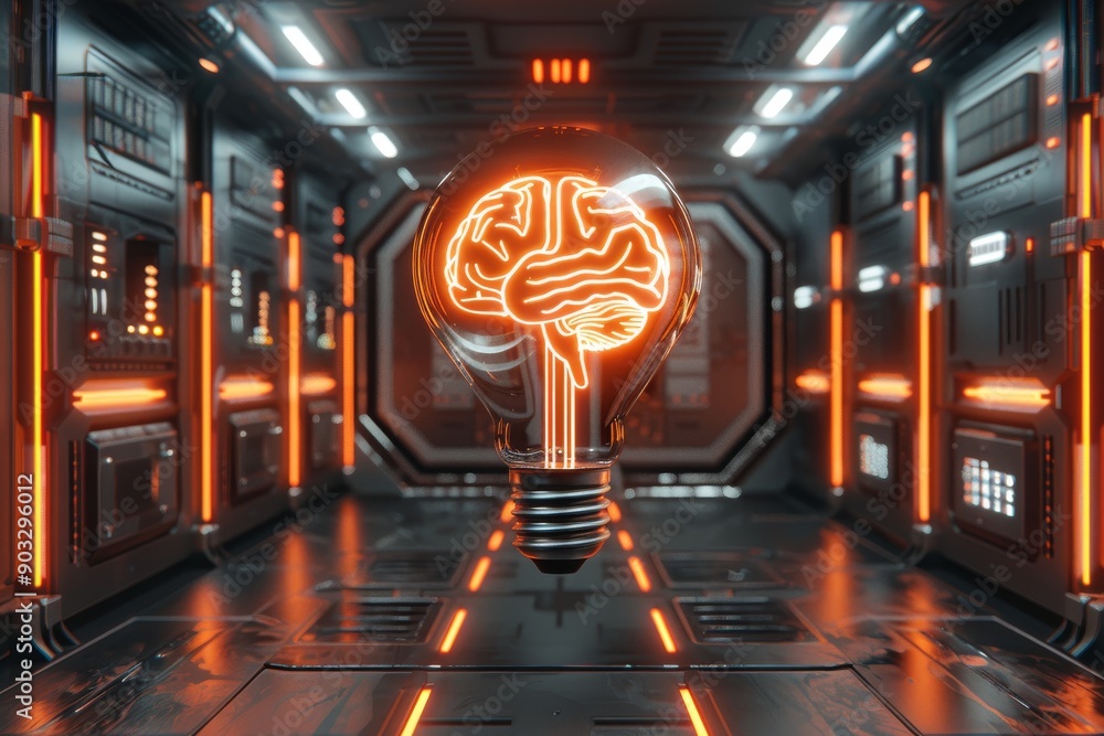 AI brain in a high tech server room representing advanced artificial intelligence data ...