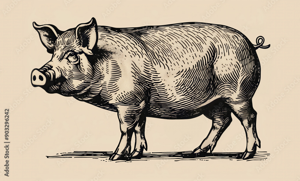 Pig, hog, boar. Vintage retro print, black white pig sketch ink pencil ...