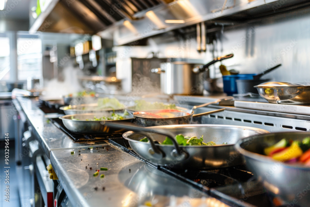 empty commercial kitchen of a restaurant with stainless steel ...