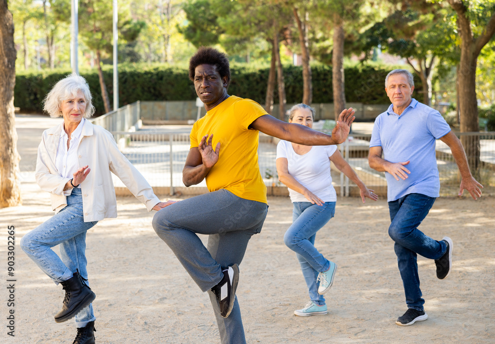 Diverse group of mixed-race adult people of different age doing outdoor ...