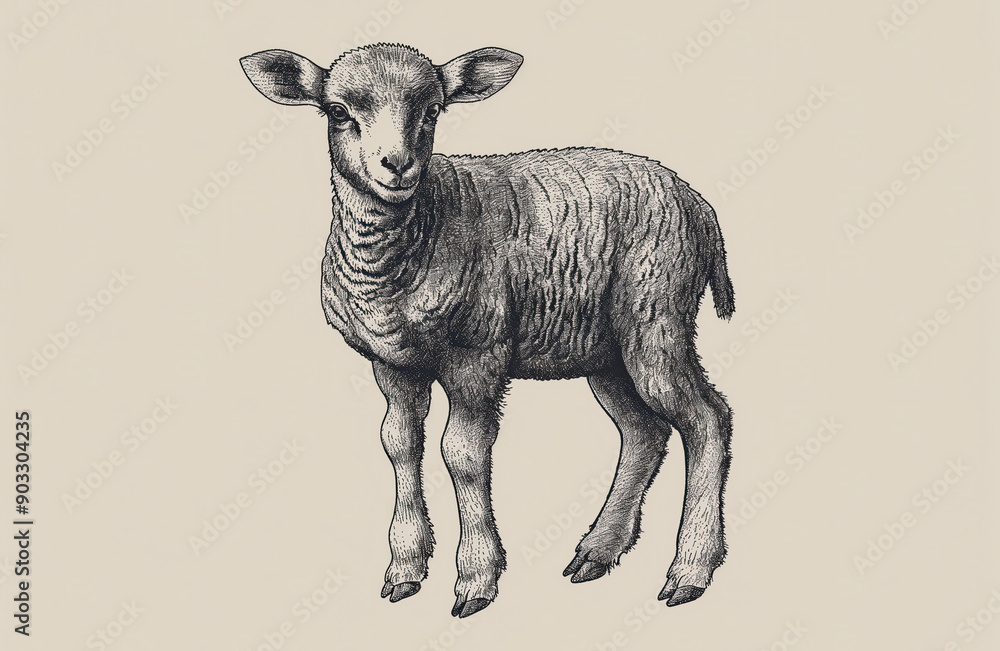 Sheep, lamb. Vintage retro print, black white sheep lamb sketch ink ...