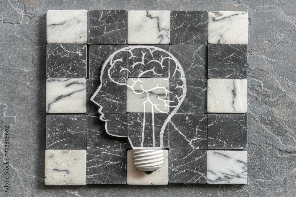 Marble wall with brain light bulb illustration representing ...