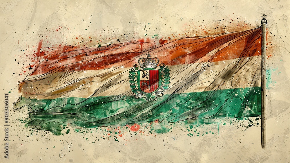 This digital illustration features the Hungarian flag, showcasing crisp ...