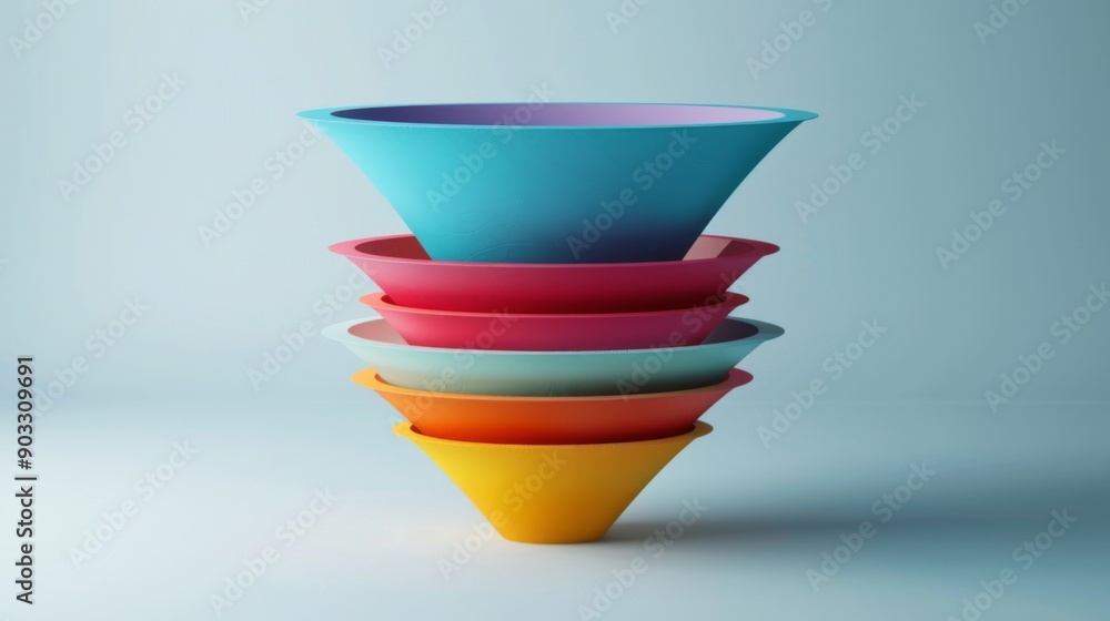 3D funnel chart with segmented sections, representing stages of a ...