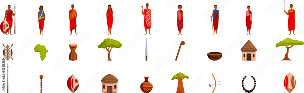 Maasai icons set. African tribe members wearing traditional clothes ...