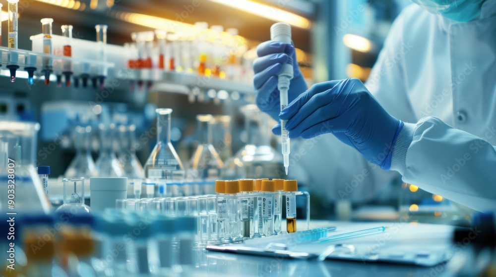 Detailed close-up of a scientist is hands carefully pipetting a sample ...