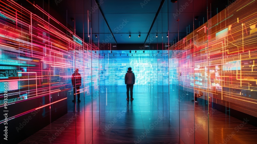 An interactive neofuturistic space with illuminated product displays ...