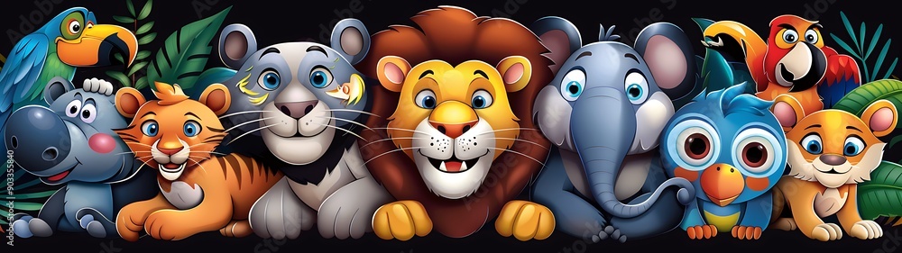 Illustrate a colorful animals of the jungle poster featuring vibrant ...