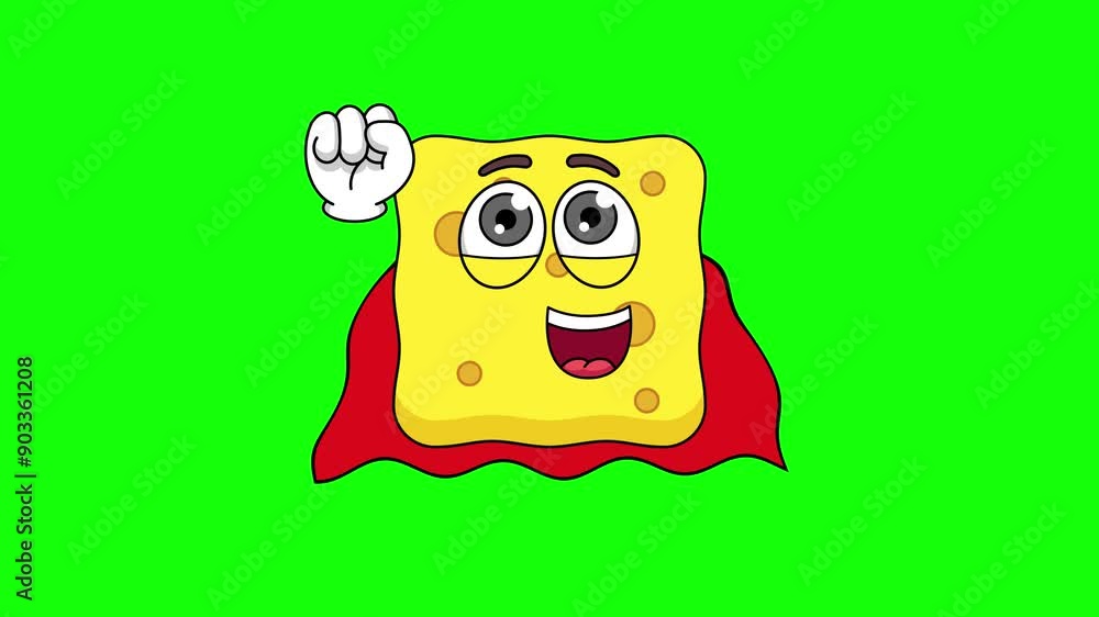 Superhero sponge cartoon flying with red cape, green screen animation ...