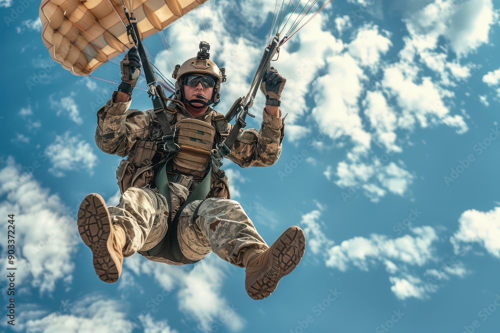 Soldier parachuting from the sky, wearing military gear, mid-air, blue ...