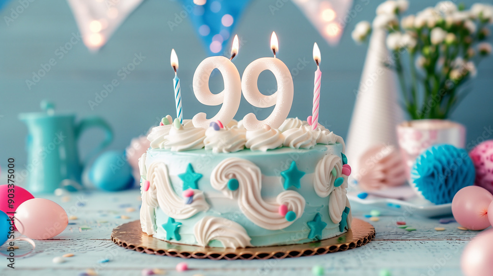 Birthday cake with big fancy burning lit candle number 99. Background ...