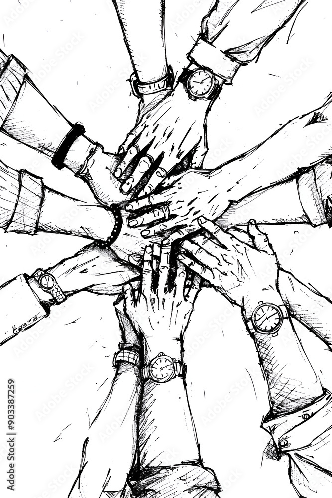 Create a black and white illustration showing the hands of a diverse ...