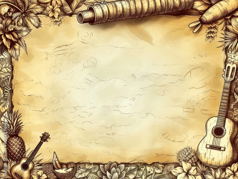 Vintage musical border with guitars, pineapples, flowers, and parchment ...