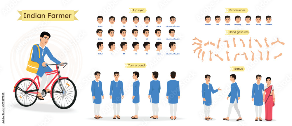Indian Man Character Construction Set. Indian Man Animated Model Sheet with Different Poses. Man ...