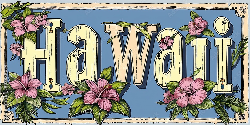 Beautiful Vintage Floral Hawaii Sign with Hibiscus Flowers and Wooden ...
