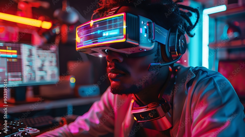 A gamer wearing AR glasses in a high-tech gaming room, engaging with ...