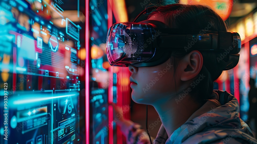 A gamer wearing AR glasses in a high-tech gaming room, engaging with ...