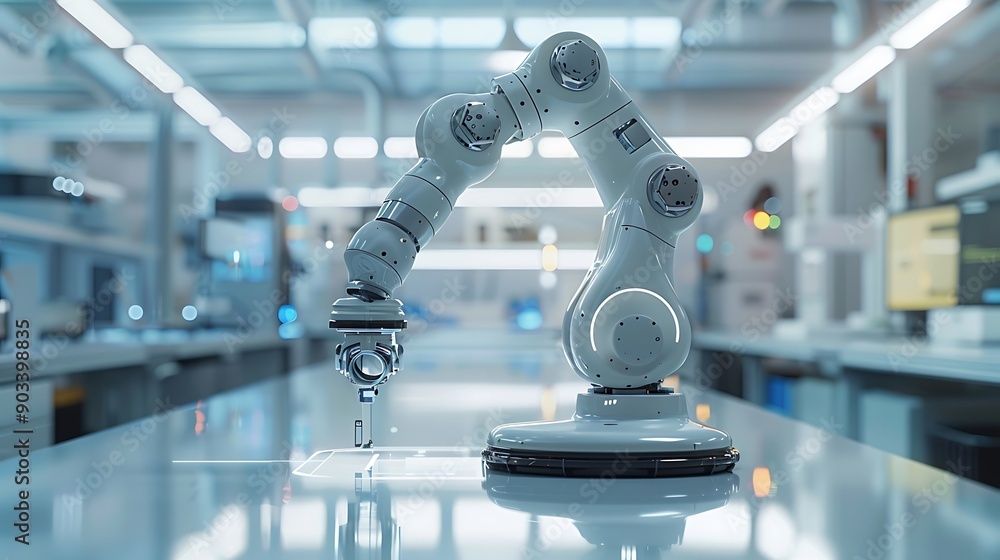 A modern robotics lab with engineers conducting tests on advanced ...