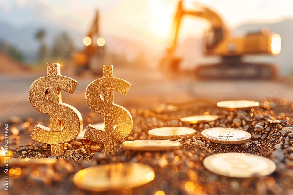 Golden dollar signs and coins on construction site background ...