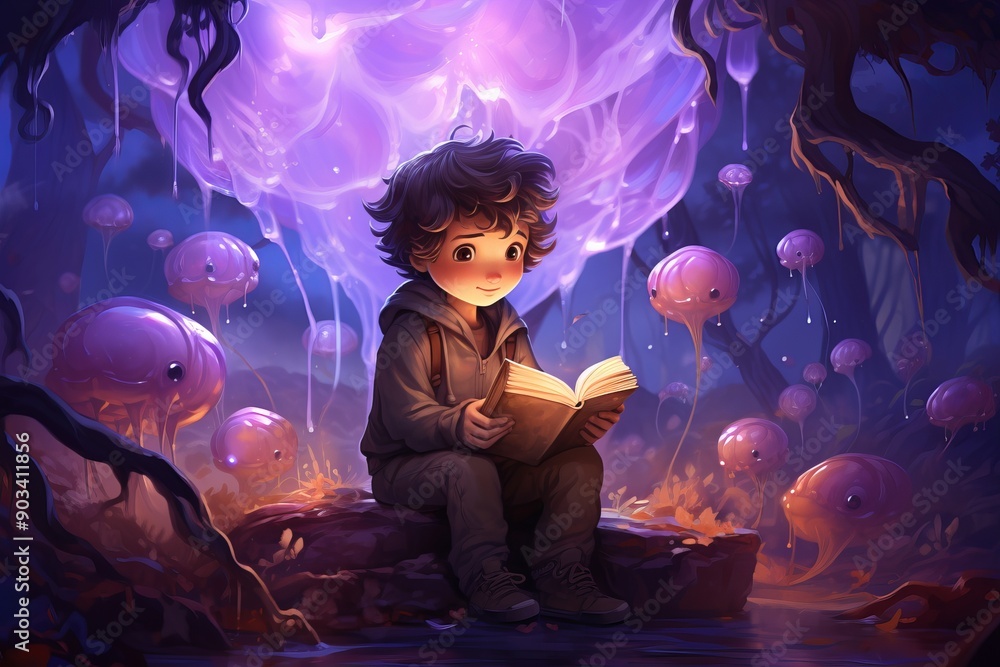 Adorable Boy Sitting on Glowing Jellyfish in a Magical Fantasy Forest ...