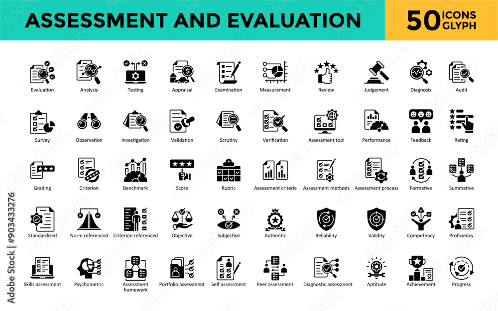 Assessment and Evaluation icon set with evaluation, analysis, testing ...