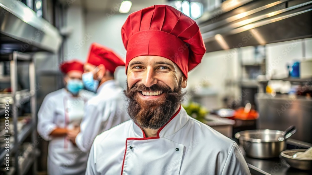 Male chef with a bushy beard and a friendly smile wears a red toque and ...
