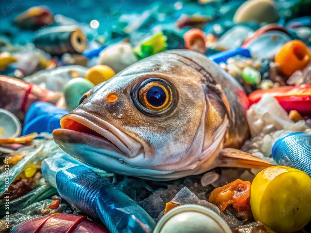 Dead fish trapped in a sea of plastic waste, highlighting the ...