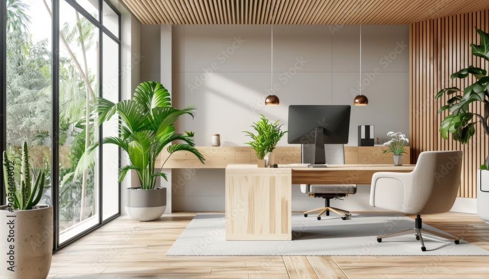 Foto de Stunning Bright Modern Office Interior: Panoramic Windows and ...