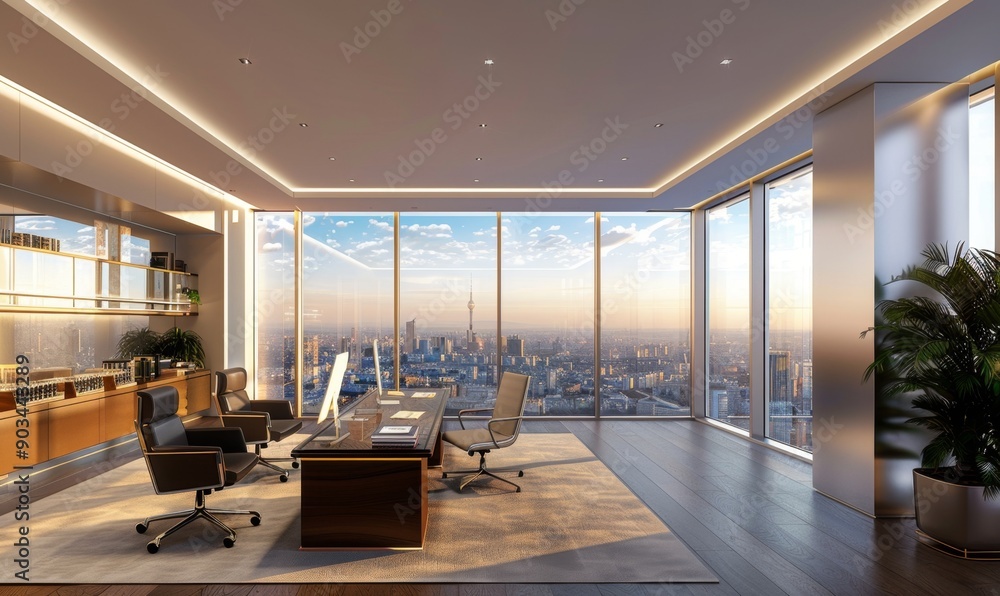 Foto de Stunning Bright Modern Office Interior: Panoramic Windows and ...