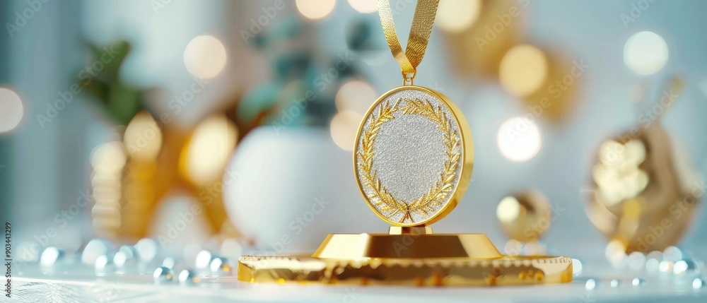 podium with gold Olympic medal and trophy selective focus, realistic ...