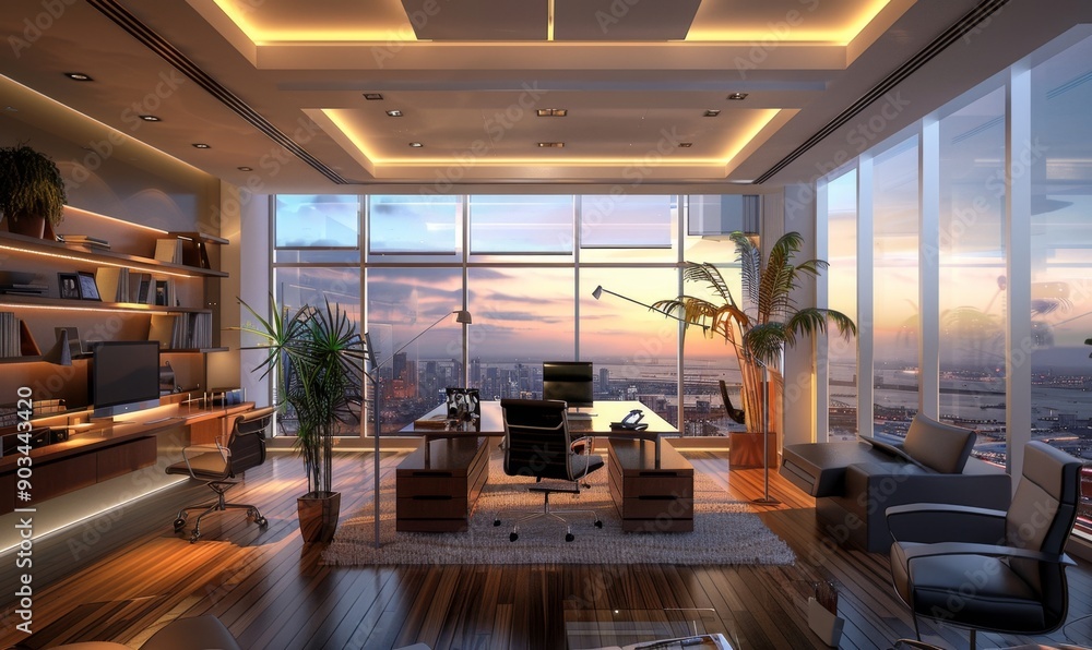 Foto de Stunning Bright Modern Office Interior: Panoramic Windows and ...