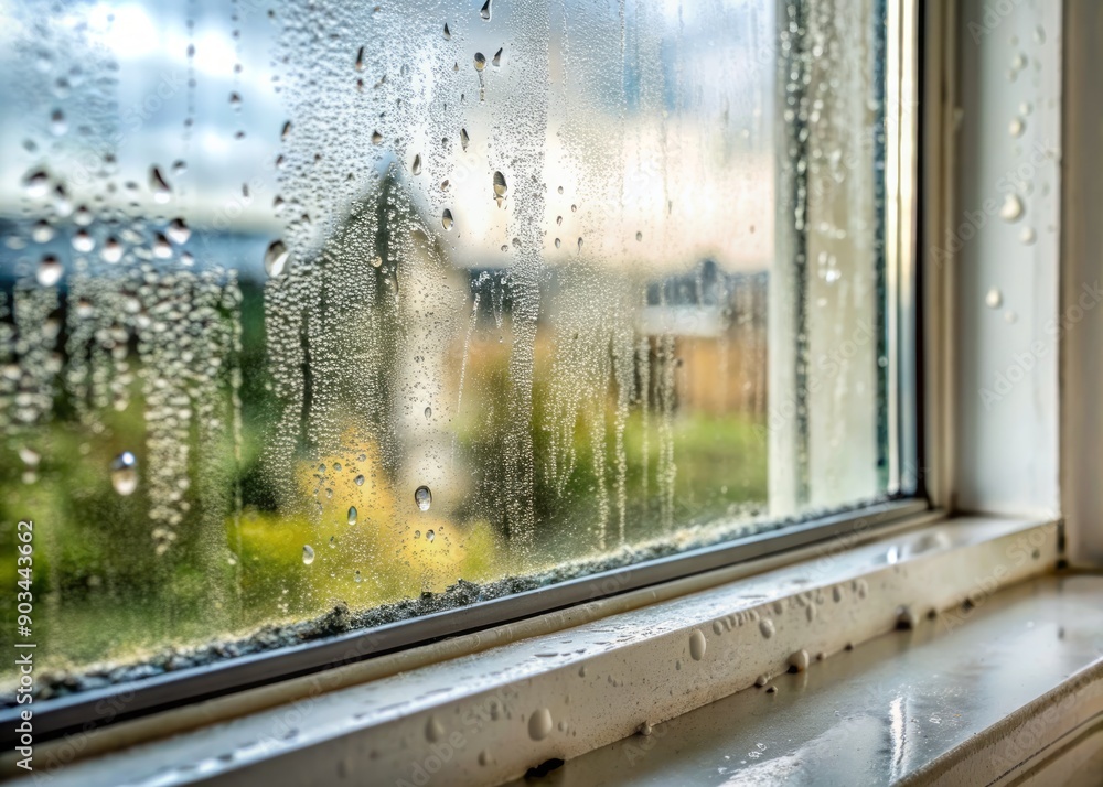 Water droplets and mold growth appear on a foggy plastic window ...