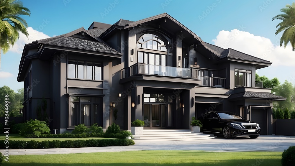 Big Mansion house exterior design, car parking space with a lawn, front ...