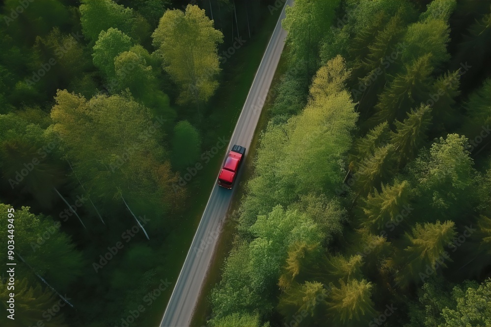 Aerial View of Red Heavy Truck Navigating Narrow Road, red truck, heavy ...