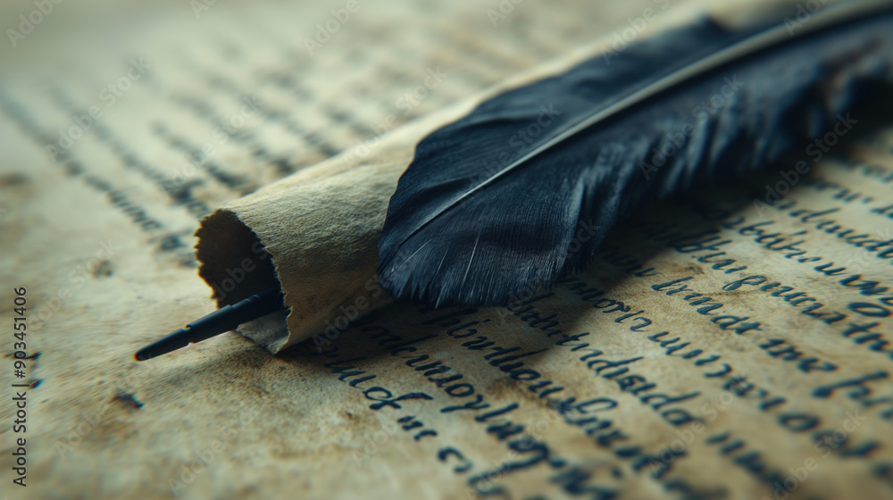 A close-up image showing a black quill pen resting on a scroll of old ...