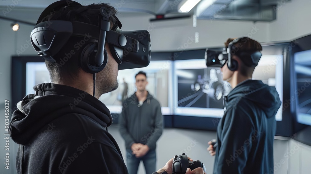 Two individuals using VR headsets in a modern tech environment ...