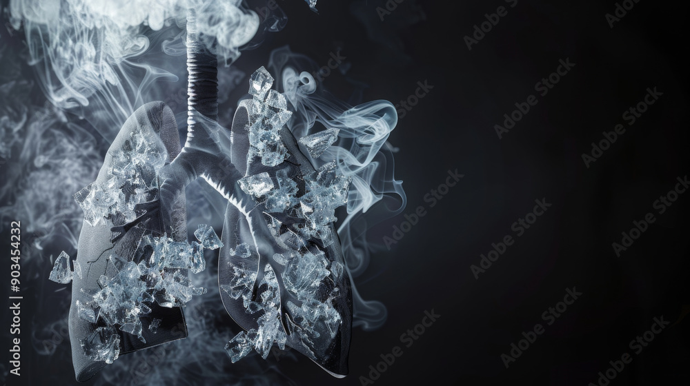 Dark image showing lungs filled with shattered glass and smoke ...