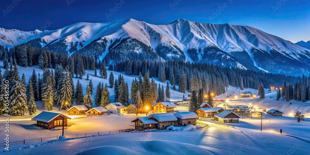 Night view of snow-covered mountains and village in Gulmarg Ski Resort ...