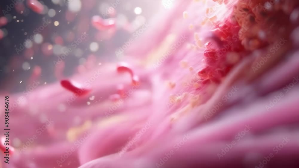 A close-up microscopic view showing the intestinal villi during ...