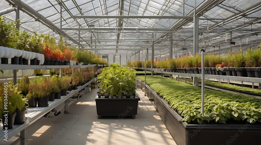 the interior of a modern greenhouse with rows of vibrant plants ...