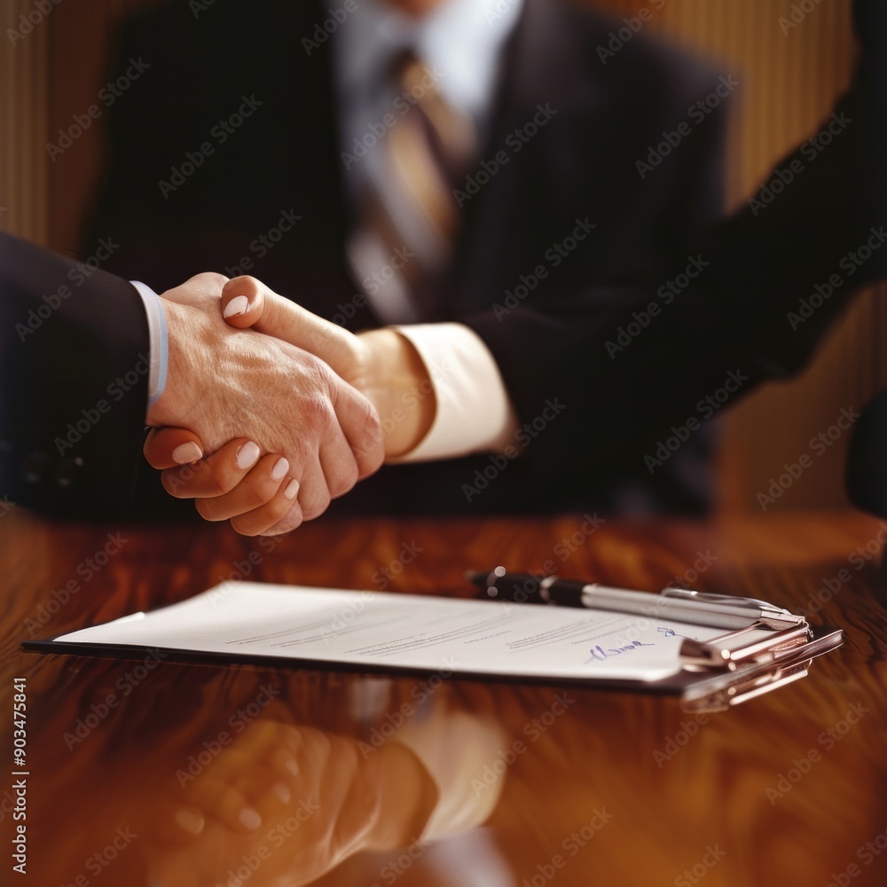 A close-up of a business handshake over a signed contract in a formal ...